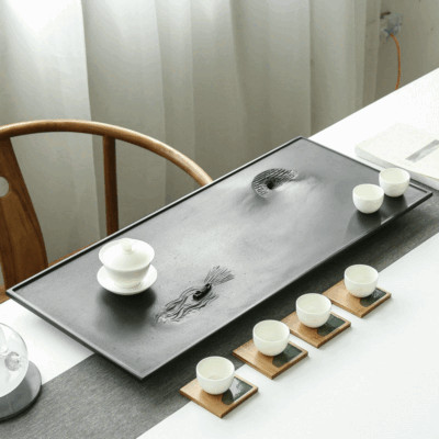 black stone tea tray hand carved Zen style boat shape embossed tea ...