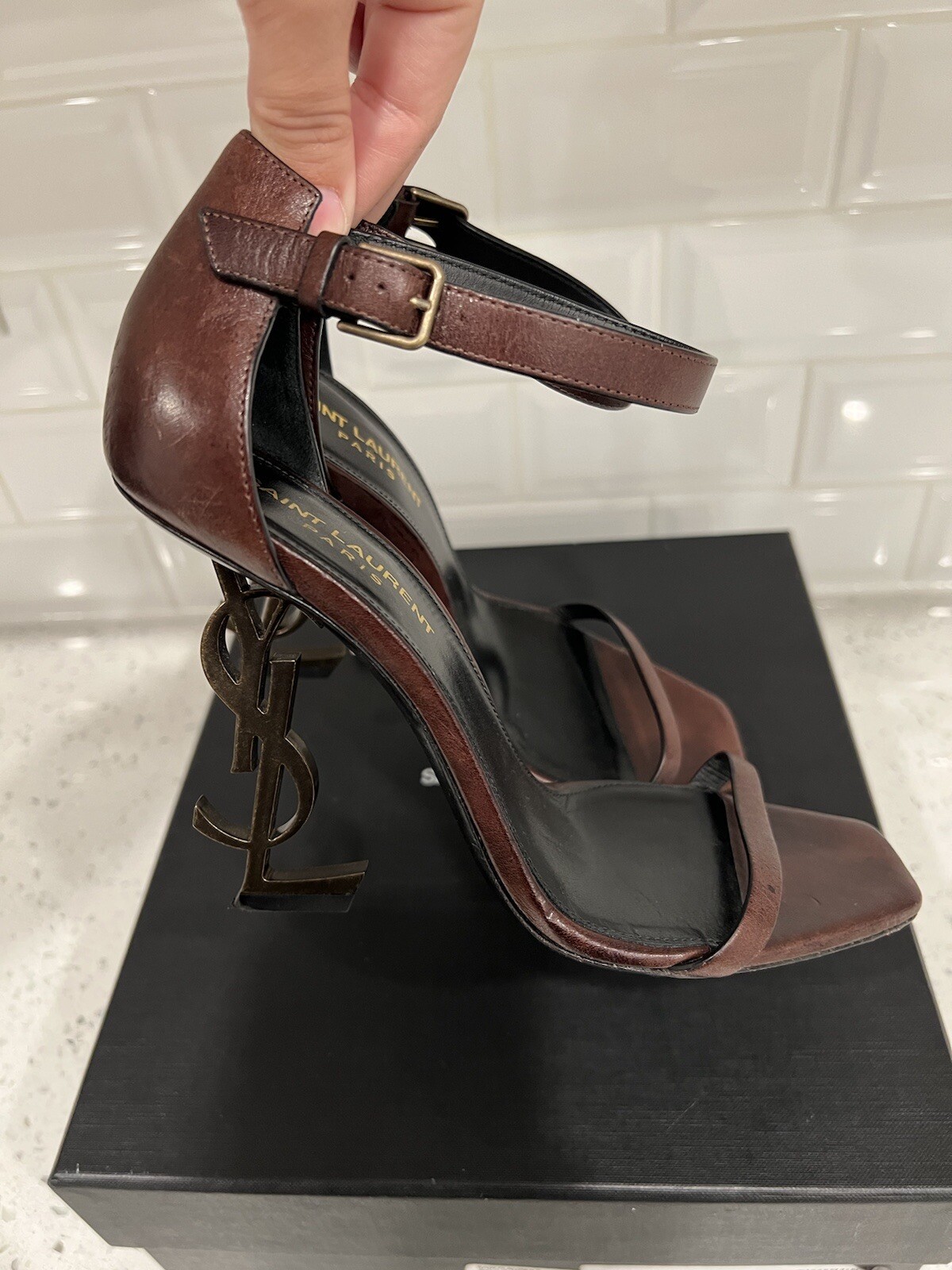 YSL BROWN OPYUM LEATHER HEEL SANDALS SIZE ( 37) - Gem
