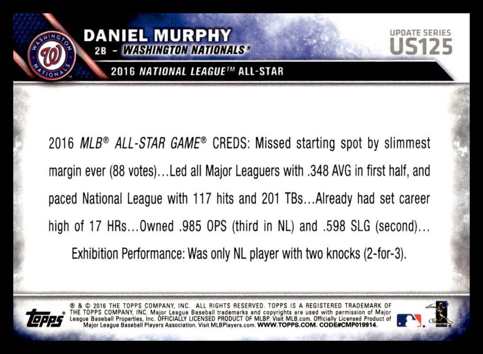 2016 Topps Update Daniel Murphy #US125 Washington Nationals Baseball ...