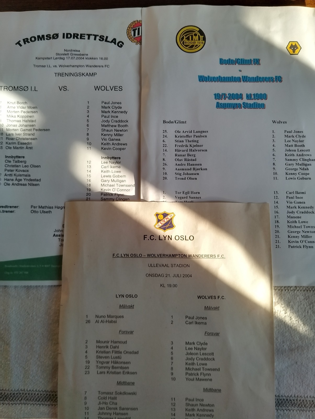 2004/5 Wolves Norwegian Tour Team Sheets v Tromso + Bodo Glint + FC Lyn ...