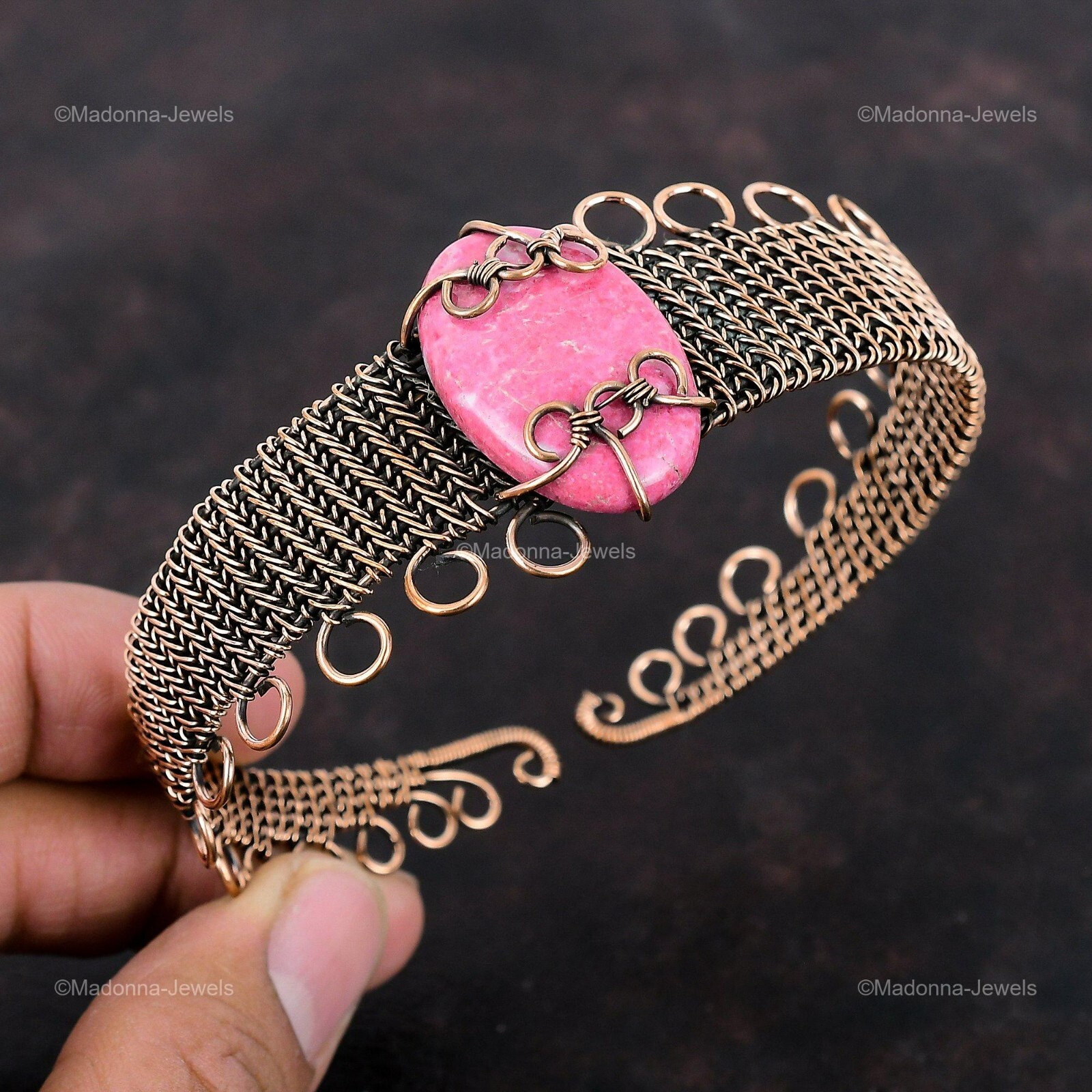 Thulite Gemstone Jewelry Copper Love Gift Wire Wrapped Cuff Adjustable ...