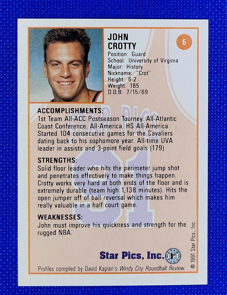 John Crotty No.6 1991 Star Pics Vintage NBA Basketball Rookie Card | eBay
