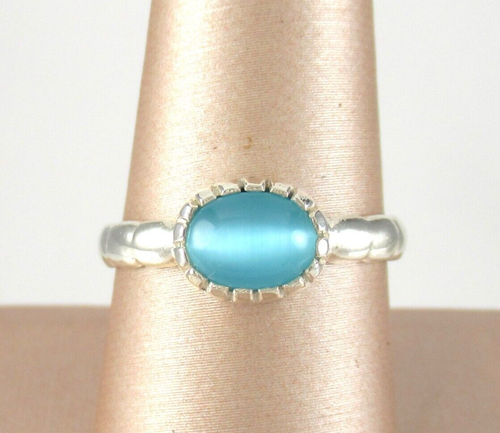 .925 Sterling Silver Blue Cat's Eye Ring Electric Color Band Bezel Set ...