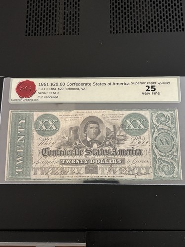 1861 T-21 Confederate States of America $20 Note VF 25. Cut Cancelled ...