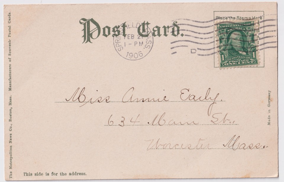 MASSACHUSETTS SPRINGFIELD SHIPPING BOATS POSTED 1906 TO ANNIE EARLY ...