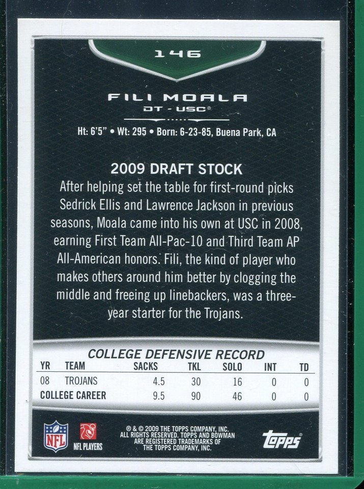2009 Topps Bowman Football Fili Moala #146 Indianapolis Colts RC | eBay