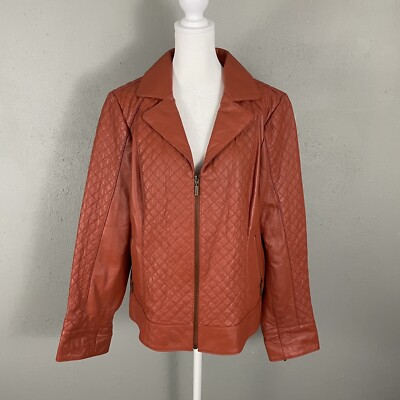 Bradley Bayou 100% Leather Jacket Size L Womens Orange Quilted Full Zip ...