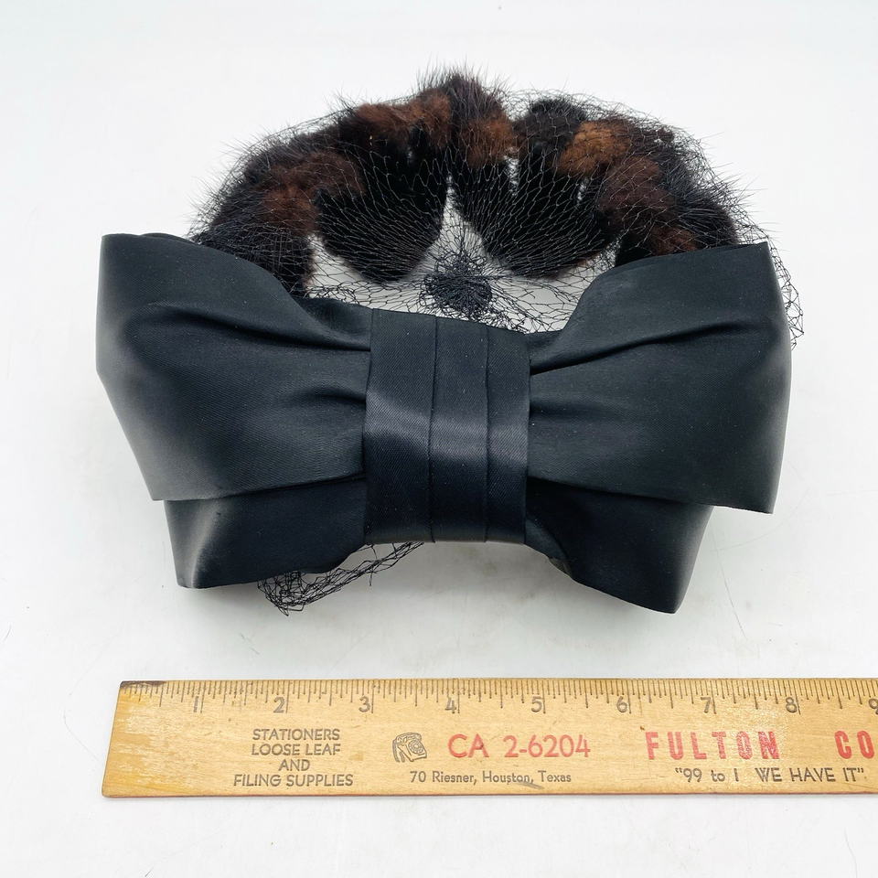 Mink & Satin Bow with Net Veil Ring Fascinator Pillbox Hat Black ...