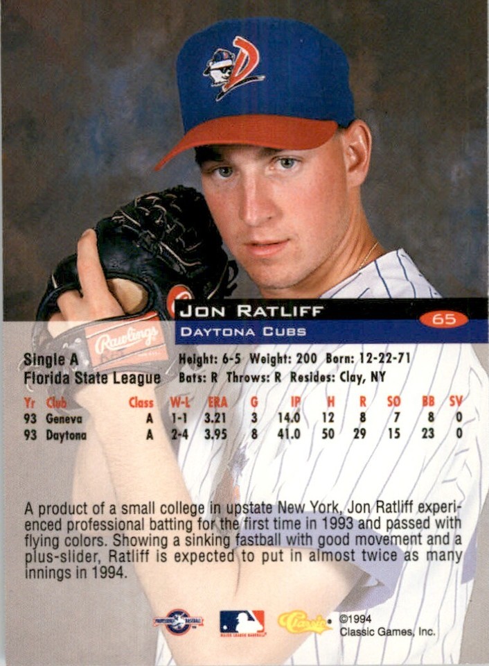 1994 Classic Jon Ratliff Daytona Cubs #65 Baseball Card | eBay
