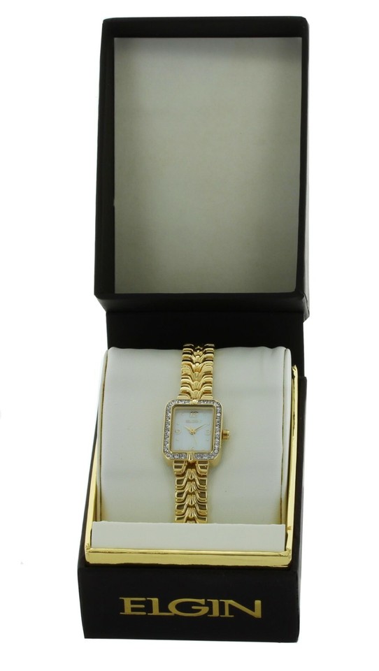 Elgin women watch small rectangle face gold with stone on Basel eg9050 ...