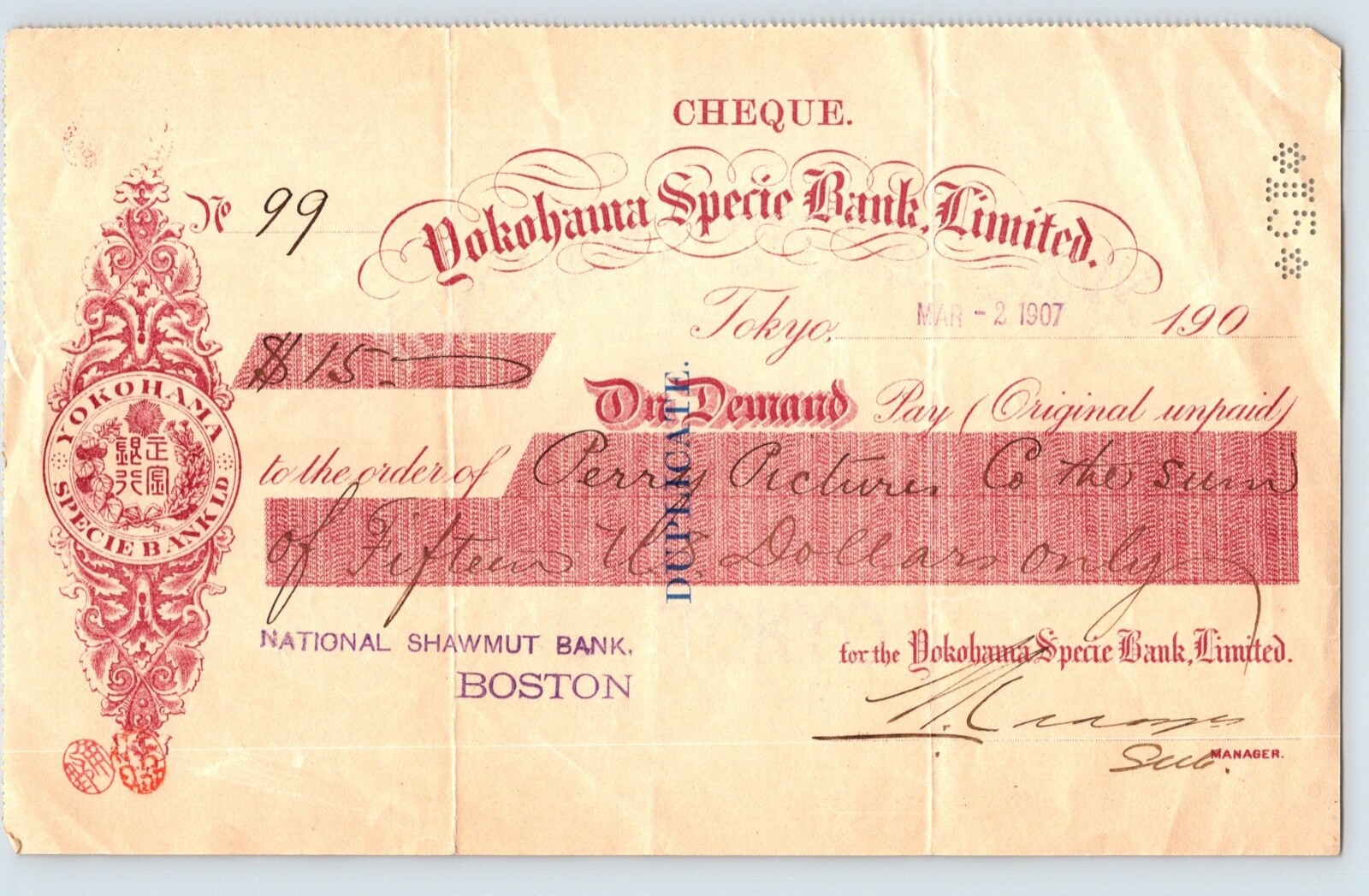 1907 Tokyo Yokohama Specie Bank, Limited. check JAPAN shawmut boston ...