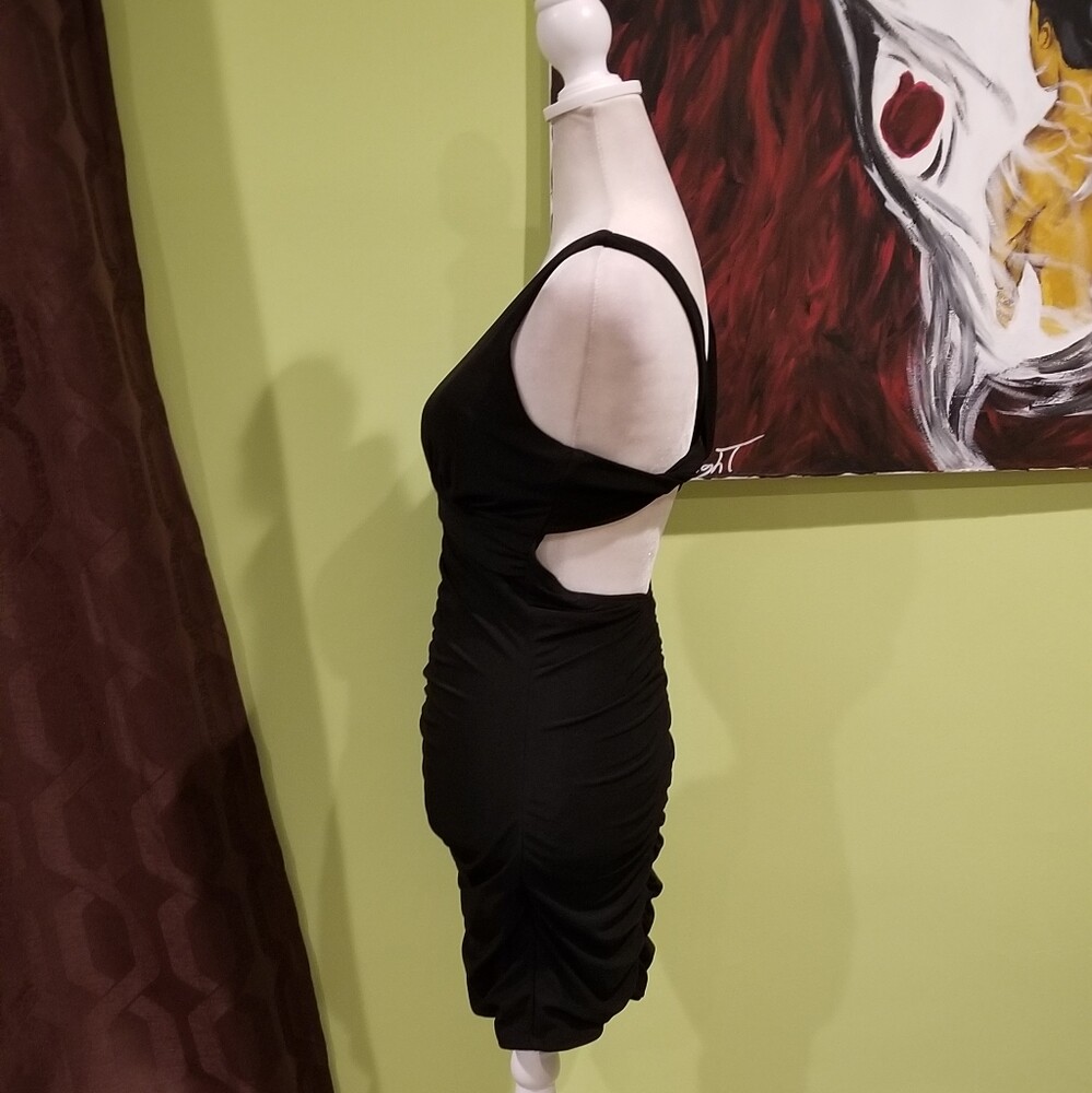 Black Ruched Form Fitting Dress With Sexy Back - Gem