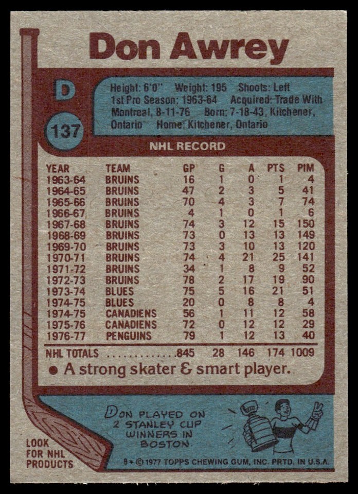 1977-78 Topps Don Awrey * Pittsburgh Penguins #137 | eBay