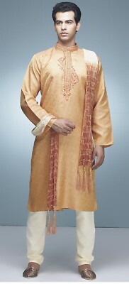 Men's Embroidered Indian Pakistani Jacquard Kurta Pyjama and Scarf Suit ...