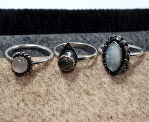 Tiny Rainbow Moonstone Rose Quartz Labradorite 3Pcs Ring Set US 6.5 GW | eBay