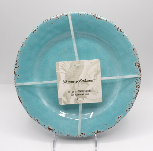 TOMMY BAHAMA MELAMINE DINNER PLATES RUSTIC CRACKLE TURQUOISE SPATTERED ...