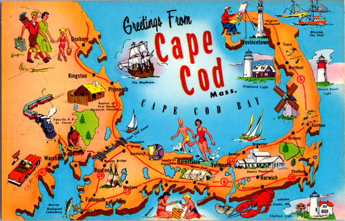 Vintage Postcard Cape Cod Massachusetts Map Nautical Landmarks ...