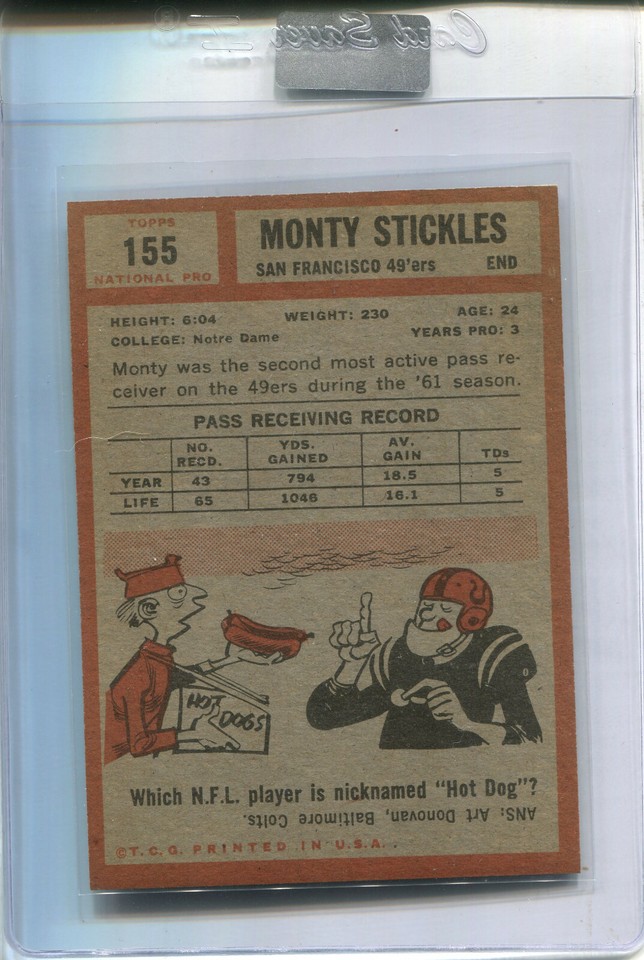 1962 Topps #155 Monty Stickles *NM-MT* San Francisco 49ers 0439 | eBay