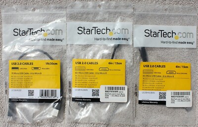 3 Quality StarTech.com USB A Male to Micro USB B Male Cables 2-6" & 1 ...