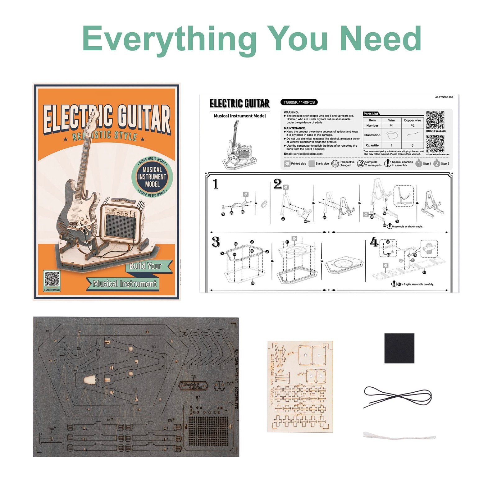 ROKR 3D Wooden Puzzle Electric Guitar Model Kit Puzzle Toy Decor for ...