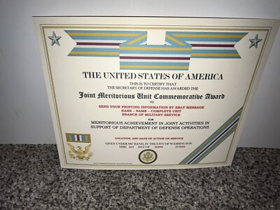 JOINT MERITORIOUS UNIT AWARD COMMEMORATIVE CERTIFICATE ~ TYPE-2 W ...