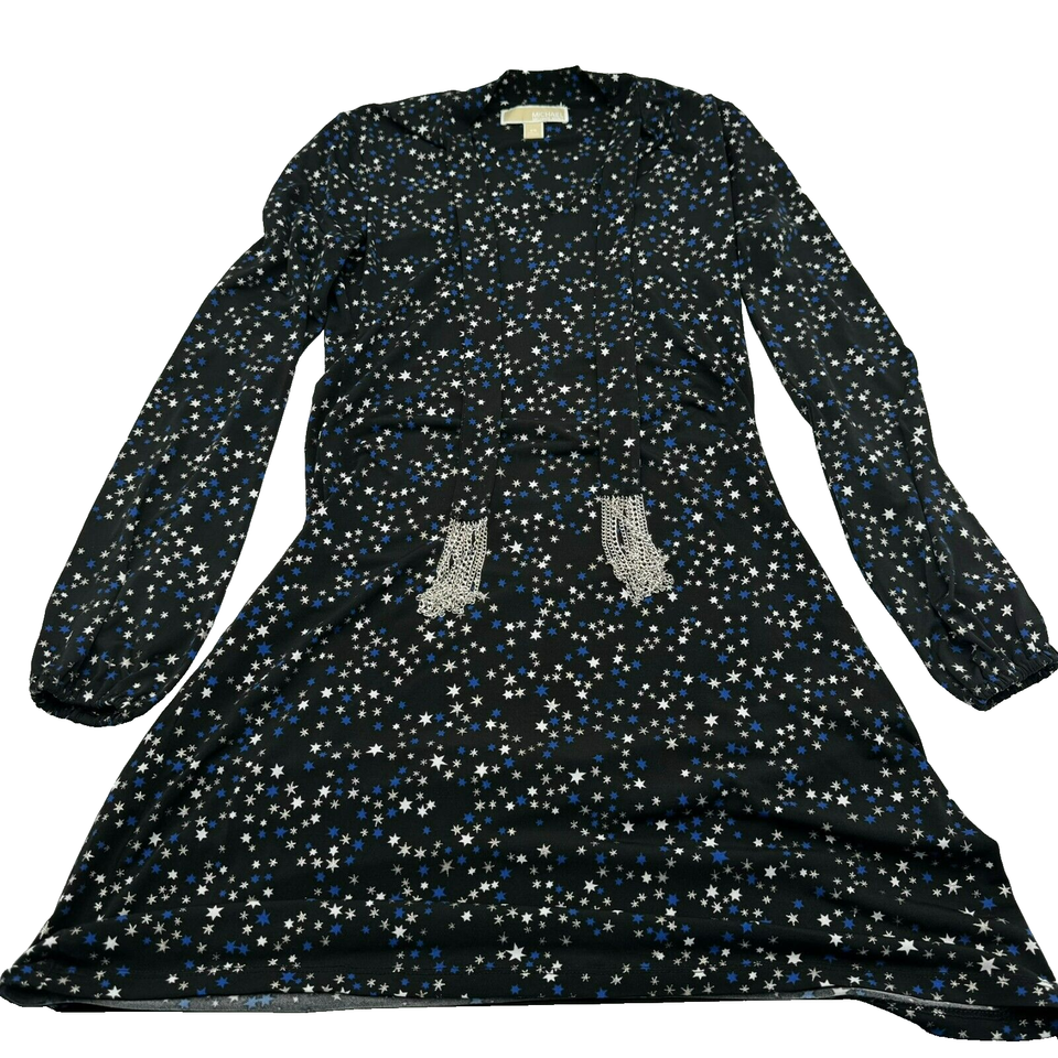 Michael Kors XS Designer Dress Long Sleeves Black blue silver stars ...