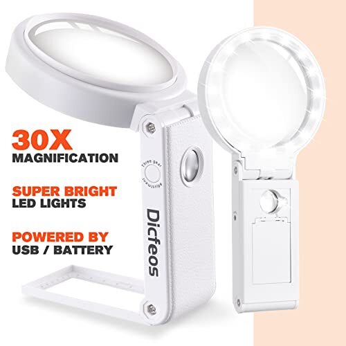 Dicfeos 30X 40X Magnifying Glass with Light and Stand Folding Design 18 ...