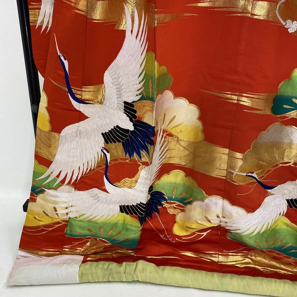 Iro-uchikake Kimono pure silk orange gold Tsuru Crane Traditional ...