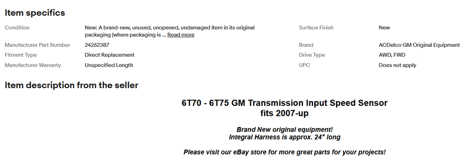 GM 6T70 6T75 2007-up Transmission Input Speed Sensor with Harness ...