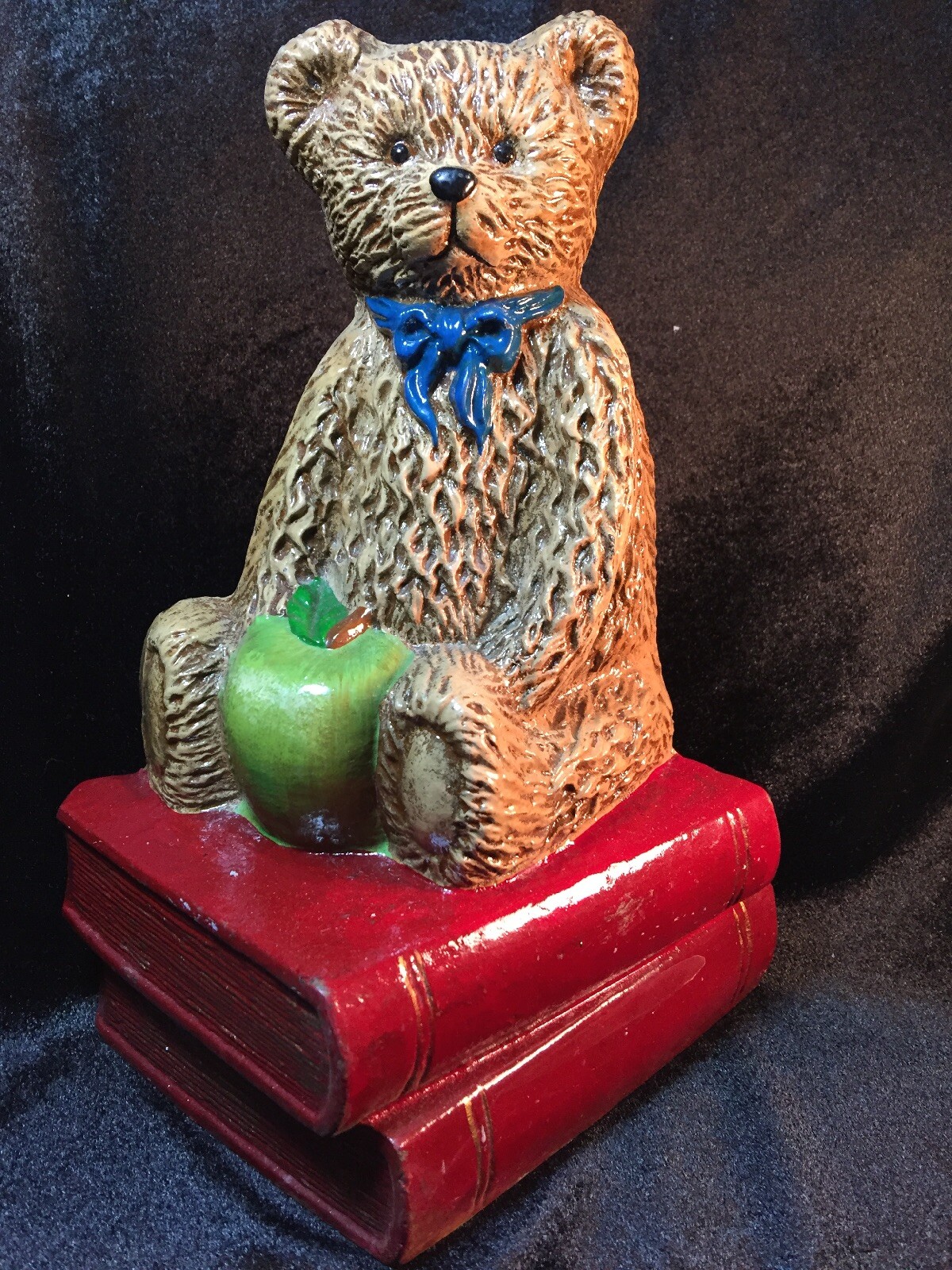 Vintage 60s Cast Iron Teddy Bear Door Stop Sitting Atop Books w/Apple ...