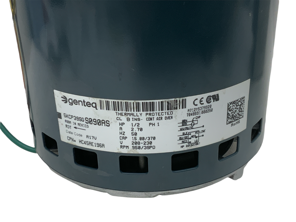GE Genteq Blower Motor 1/2 HP 208-230v, 2.70A, 50Hz, 950/3SPD, 1PH ...