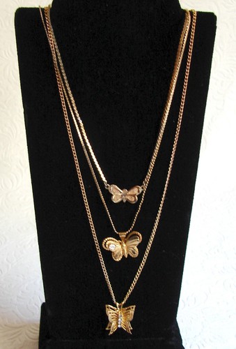 Vtg Gold Tone Butterfly Pendant NECKLACE Lot of 3, 15" to 24" Long E46 ...