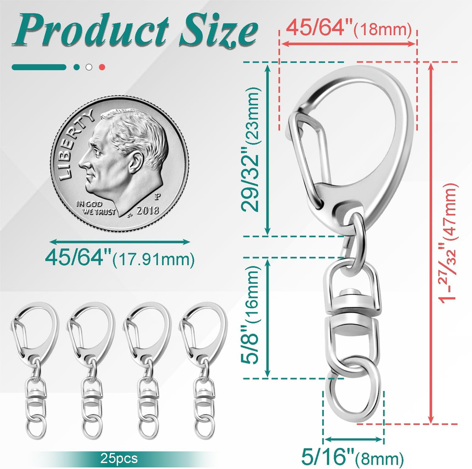 25 Pack Lobster Claw Clasps Keychain Making Kit, Silver Keychain Clip ...