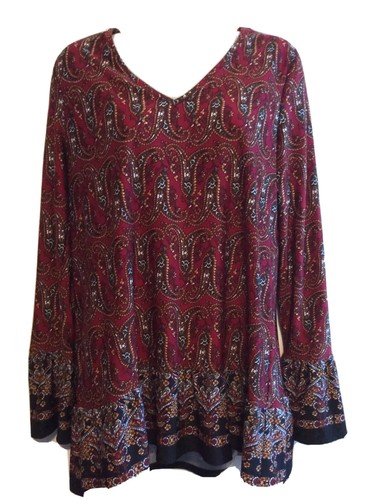 agb women’s M Tops Blouse Tunic Maroon Black Fair Isle Pleated V Neck ...