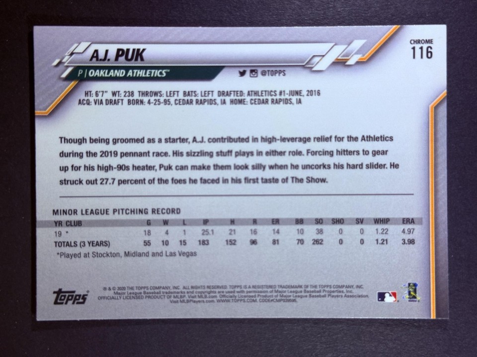 2020 Topps Chrome #116 A.J. Puk RC Rookie Diamondbacks Athletics | eBay