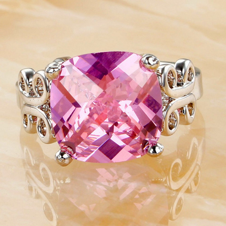 925 Sterling Silver Pink Rhinestone Women Fashion Wedding Engagement ...