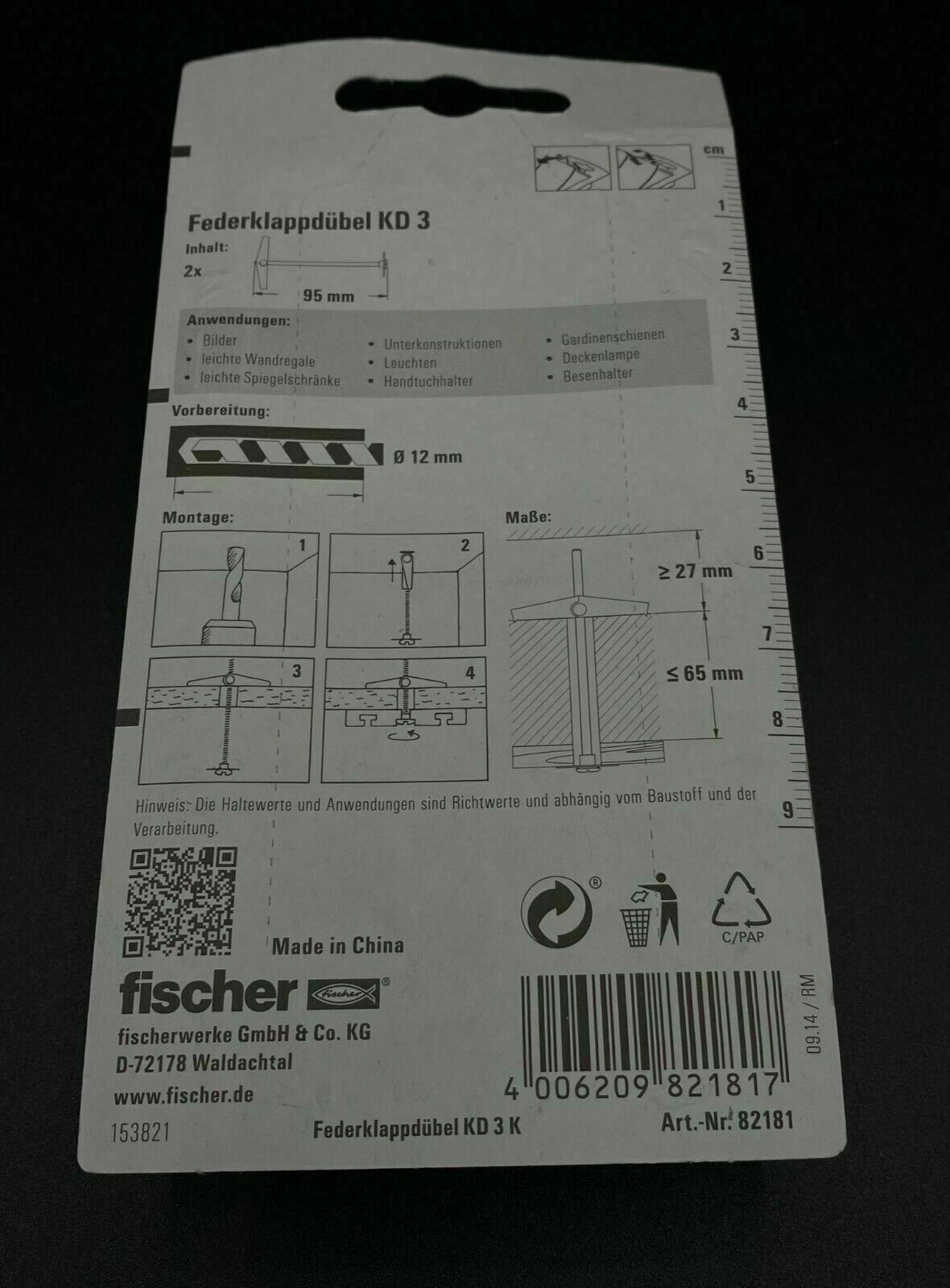 Fischer Kippdübel KD 3 B | KDH 3 Rundhaken Federklappdübel Rigipsdübel ...