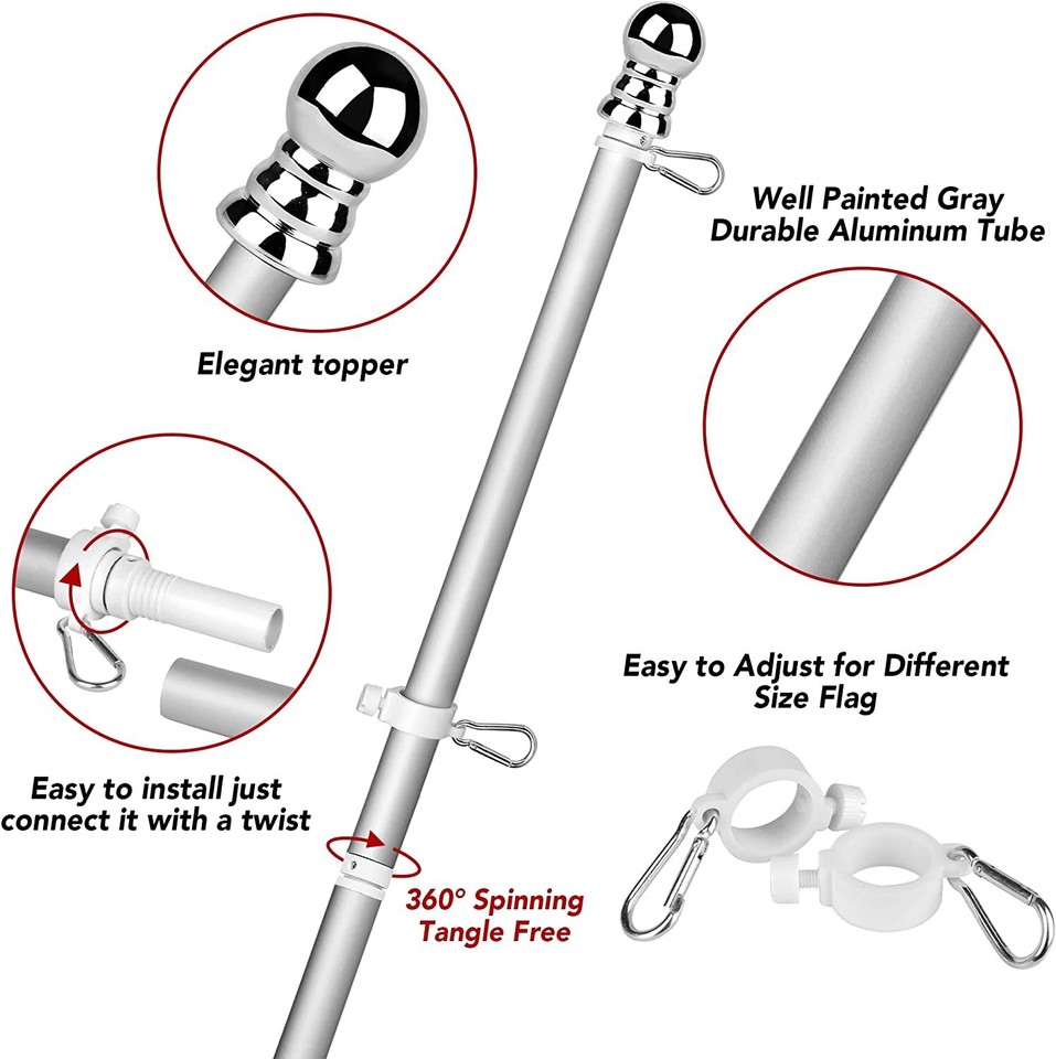 Tangle Free Spinning Flag Pole Aluminum 6FT Two Piece Design Durable ...