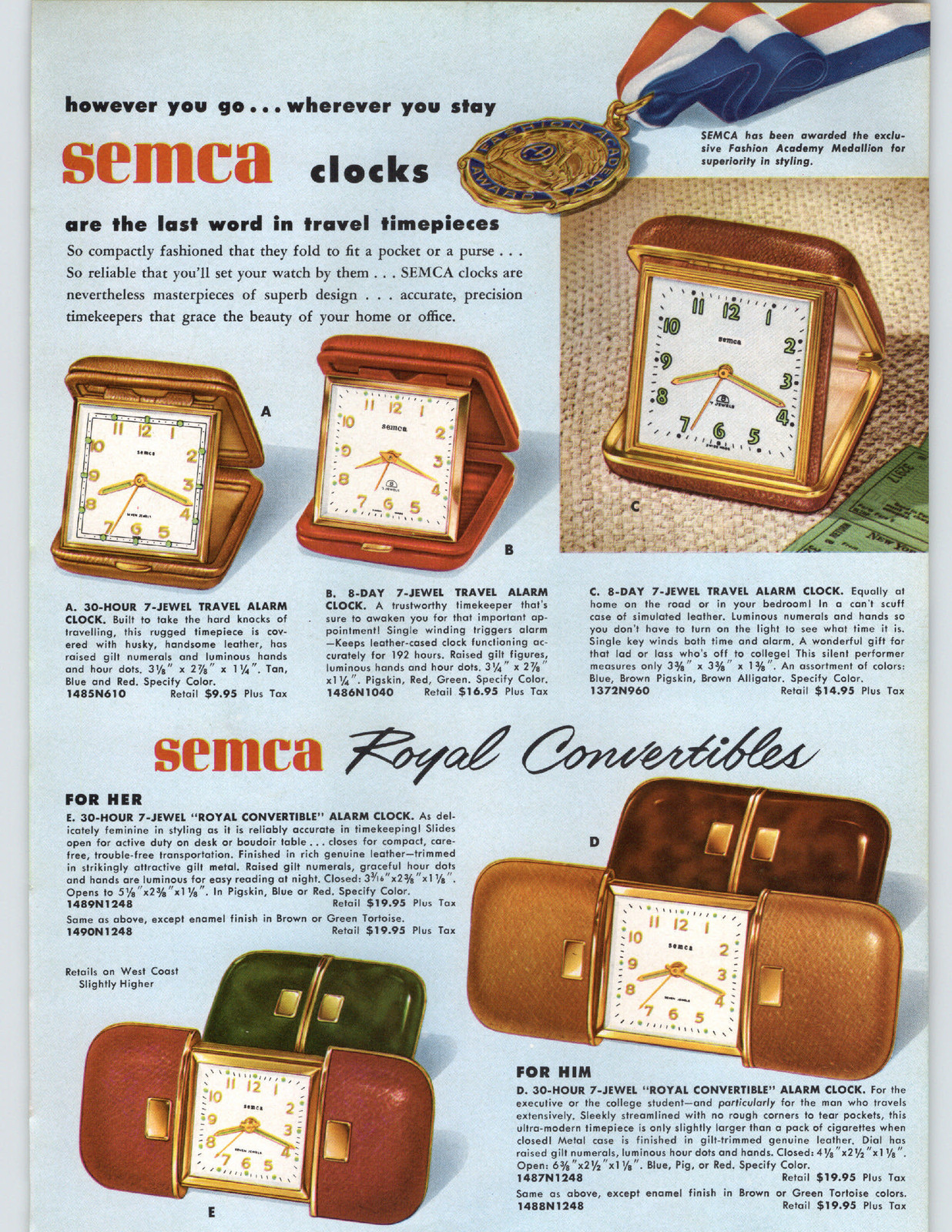 1955 PAPER AD 4 PG Senca travel Clock Twin Dial Phinney Walker Mid ...