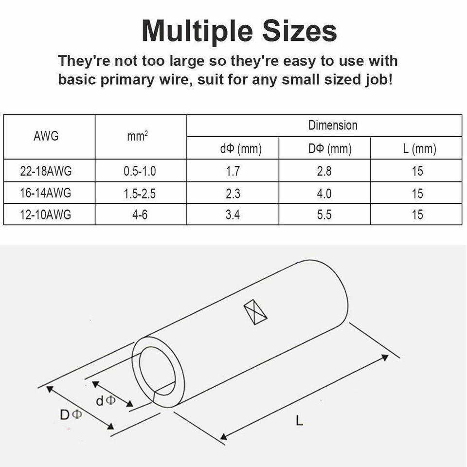 200pcs Non-Insulated Crimp Butt Connector Wire Terminals 10-22AWG | eBay