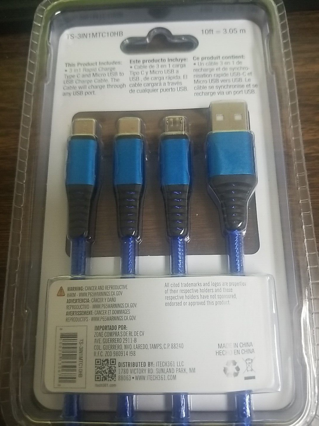 (10 Feet) ITECH BLUE ALL IN ONE CHARGE CABLE, 2 TYPE-C, MICRO USB ...