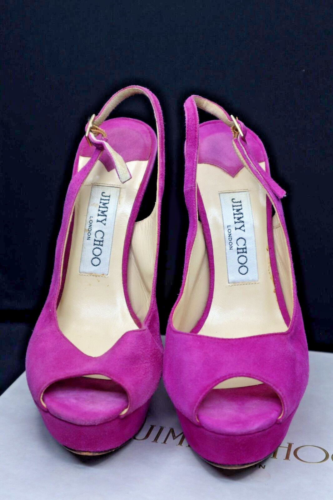 JIMMY CHOO PURPLE SUEDE PEEPTOE SLINGBACK SANDALS - Gem