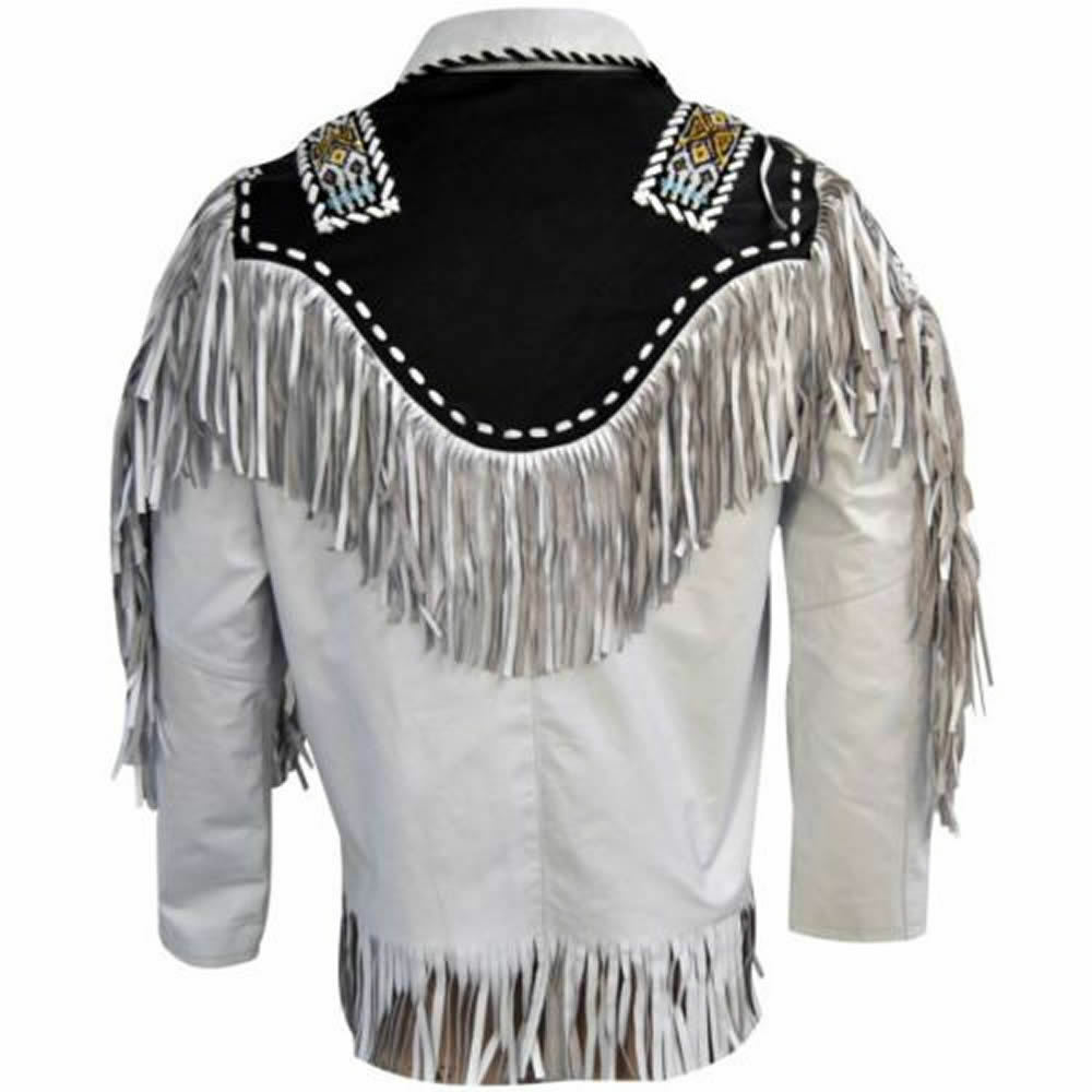 Men Western Cowboy Fringe Jacket Beaded Native American Real Leather ...