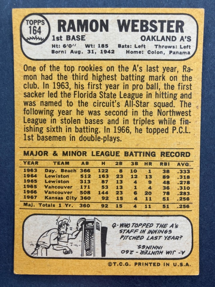 1968 Topps #164 Ramon Webster (Oakland Athletics) (A) | eBay