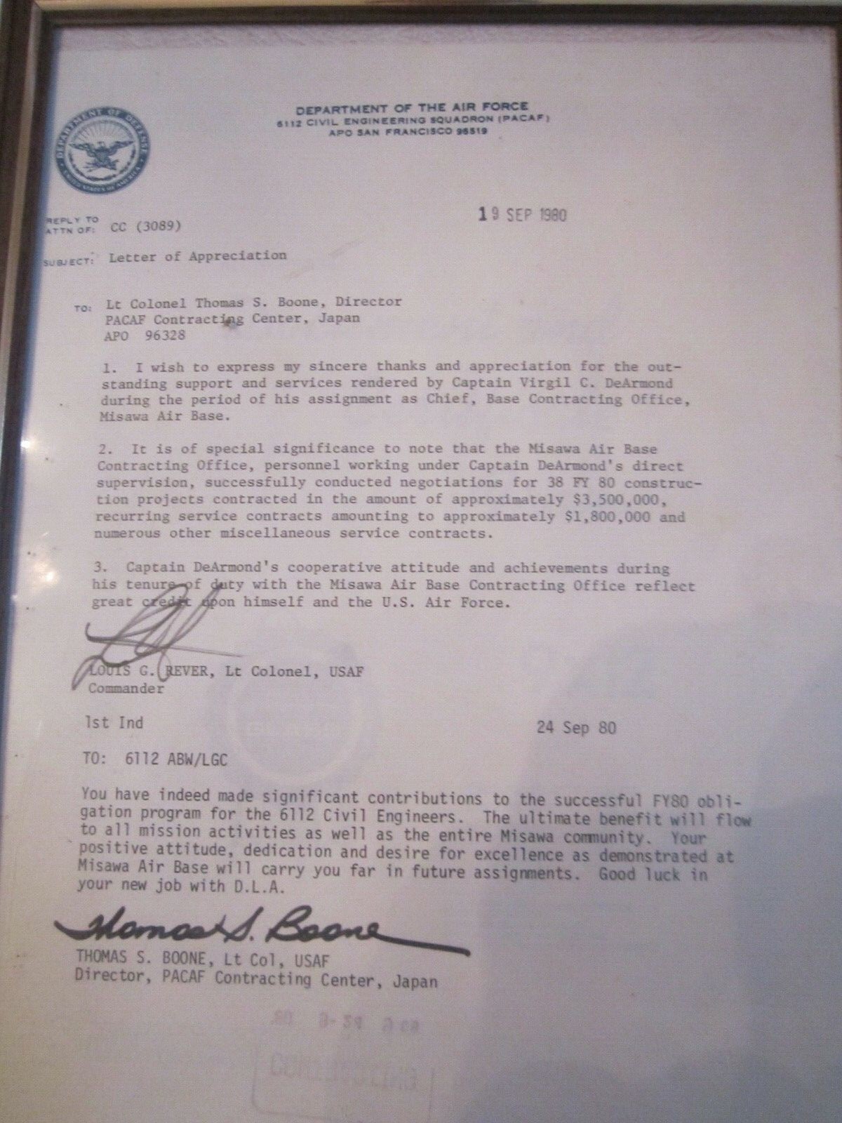 1980 DEPARTMENT OF THE AIR FORCE LETTER OF APPRECIATION/SIGNED- FRAMED ...