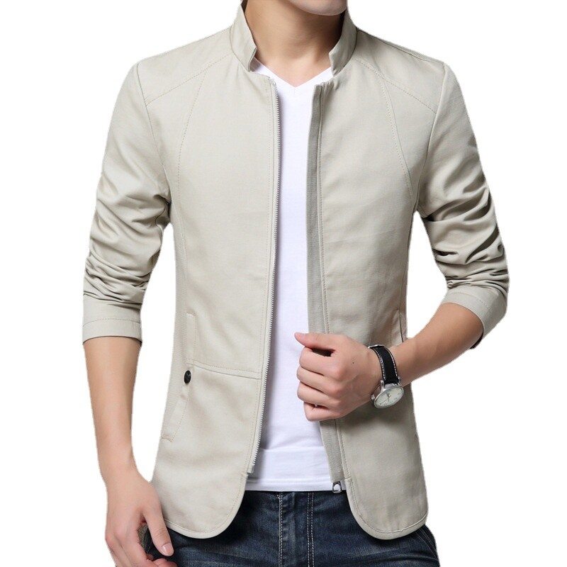 Men Slim Cotton Stand Collar Jacket Fit Blazer Coat Full Zip Classic ...
