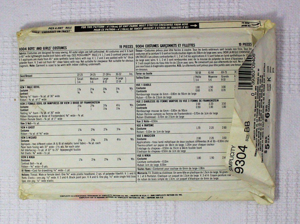 Simplicity 9304 Devil Wizard Ghost Ninja Pattern Child Sz BB Uncut ...