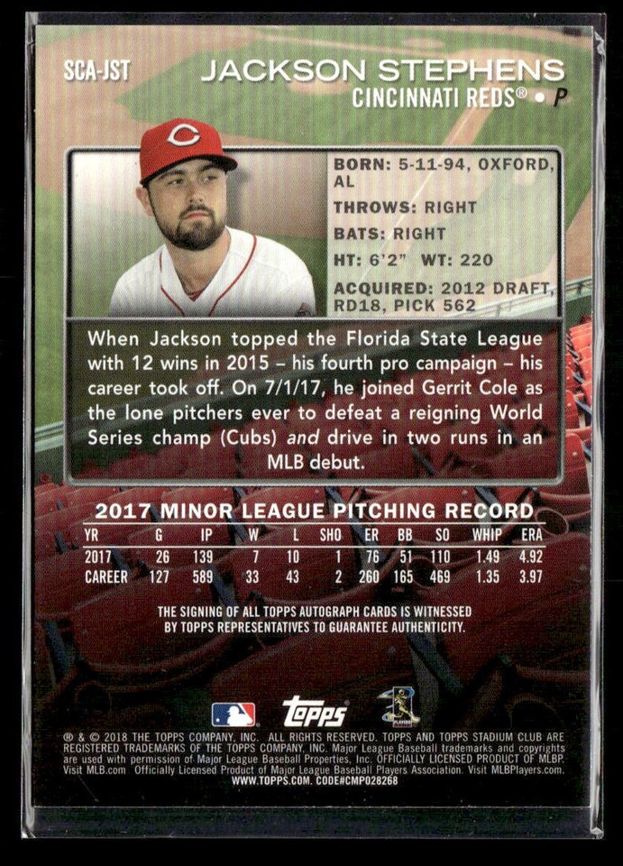 Jackson Stephens 2018 Stadium Club #SCA-JST Autographs Cincinnati Reds ...