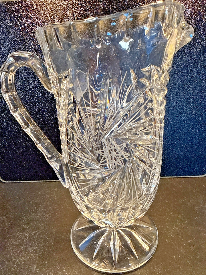 Vintage Pressed Glass Pedestal Pitcher w/ Starburst & Sawtooth Pattern ...
