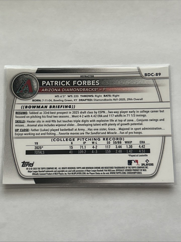 2025 Bowman Draft Chrome Refractor #BDC-89 Patrick Forbes 1st !!! LQQK ...